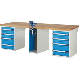 eurokraft pro Werkbank, Baukastensystem Serie 7000, 8 Schubladen, 1 Schraubstock (Klapp-Lift) mittig, BxT 2500 x 900 mm