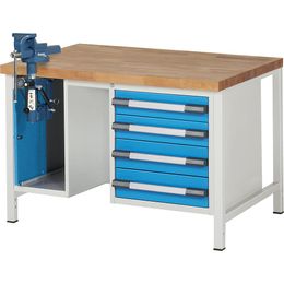 eurokraft pro Werkbank, Gestellbauweise Serie 8000, 4 Schubladen: 2 x 120, 2 x 150 mm, 1 Schraubstock (Klapp-Lift), BxT 1250 x 900 mm