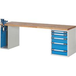 eurokraft pro Werkbank, Baukastensystem Serie 7000, 5 Schubladen, 1 Schraubstock (Klapp-Lift) linksseitig, BxT 2500 x 700 mm