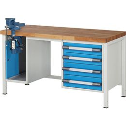 eurokraft pro Werkbank, Gestellbauweise Serie 8000, 4 Schubladen: 2 x 120, 2 x 150 mm, 1 Schraubstock (Klapp-Lift), BxT 1500 x 700 mm