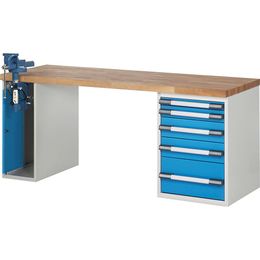 eurokraft pro Werkbank, Baukastensystem Serie 7000, 5 Schubladen, 1 Schraubstock (Klapp-Lift) linksseitig, BxT 2000 x 700 mm