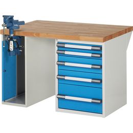 eurokraft pro Werkbank, Baukastensystem Serie 7000, 5 Schubladen, 1 Schraubstock (Klapp-Lift) linksseitig, BxT 1250 x 900 mm