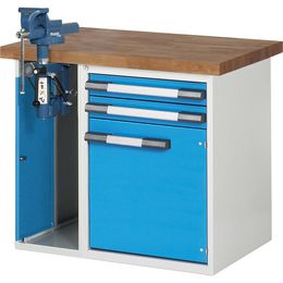 eurokraft pro Werkbank, Baukastensystem Serie 7000, 2 Schubladen, 1 T&uuml;r, 1 Schraubstock (Klapp-Lift) linksseitig, BxT 1000 x 700 mm