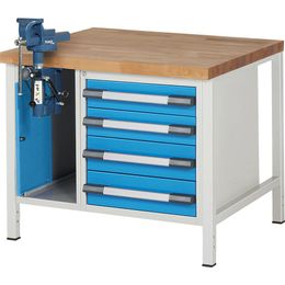 eurokraft pro Werkbank, Gestellbauweise Serie 8000, 4 Schubladen: 2 x 120, 2 x 150 mm, 1 Schraubstock (Klapp-Lift), BxT 1000 x 900 mm