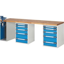 eurokraft pro Werkbank, Baukastensystem Serie 7000, 10 (2x5) Schubladen, 1 Schraubstock (Klapp-Lift) linkseitig, BxT 2500 x 700 mm