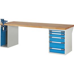 eurokraft pro Werkbank, Baukastensystem Serie 7000, 5 Schubladen, 1 Schraubstock (Klapp-Lift) linksseitig, BxT 2500 x 900 mm