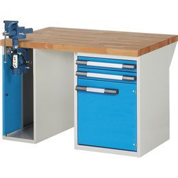 eurokraft pro Werkbank, Baukastensystem Serie 7000, 2 Schubladen, 1 T&uuml;r, 1 Schraubstock (Klapp-Lift) linksseitig, BxT 1250 x 900 mm