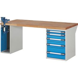 eurokraft pro Werkbank, Baukastensystem Serie 7000, 5 Schubladen, 1 Schraubstock (Klapp-Lift) linksseitig, BxT 2000 x 900 mm