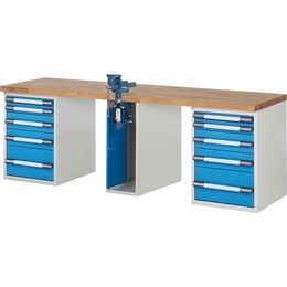 eurokraft pro Werkbank, Baukastensystem Serie 7000, 10 Schubladen, 1 Schraubstock (Klapp-Lift) mittig, BxT 2500 x 700 mm