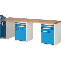 eurokraft pro Werkbank, Baukastensystem Serie 7000, 2 Standcontainer mit je 2 Schubladen + T&uuml;ren, 1 Schraubstock-Container (Klapp-Lift) linksseitig,