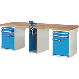 eurokraft pro Werkbank, Baukastensystem Serie 7000, 2 Standcontainer mit je 2 Schubladen + T&uuml;ren, 1 Schraubstock-Container (Klapp-Lift) mittig, BxT