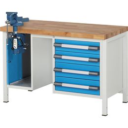 eurokraft pro Werkbank, Gestellbauweise Serie 8000, 4 Schubladen: 2 x 120, 2 x 150 mm, 1 Schraubstock (Klapp-Lift), BxT 1250 x 700 mm