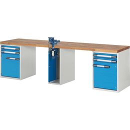 eurokraft pro Werkbank, Baukastensystem Serie 7000, 2 Standcontainer mit je 2 Schubladen + T&uuml;ren, 1 Schraubstock-Container (Klapp-Lift) mittig, BxT