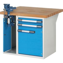 eurokraft pro Werkbank, Baukastensystem Serie 7000, 2 Schubladen, 1 T&uuml;r, 1 Schraubstock (Klapp-Lift) linksseitig, BxT 1000 x 900 mm