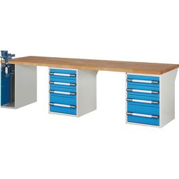 eurokraft pro Werkbank, Baukastensystem Serie 7000, 8 Schubladen, 1 Schraubstock (Klapp-Lift) linksseitig, BxT 3000 x 900 mm