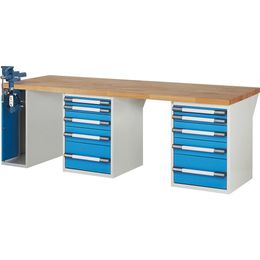eurokraft pro Werkbank, Baukastensystem Serie 7000, 10 (2x5) Schubladen, 1 Schraubstock (Klapp-Lift) linkseitig, BxT 2500 x 900 mm