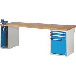 eurokraft pro Werkbank, Baukastensystem Serie 7000, 2 Schubladen, 1 T&uuml;r, 1 Schraubstock (Klapp-Lift) linksseitig, BxT 2500 x 900 mm