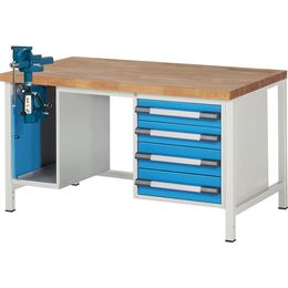 eurokraft pro Werkbank, Gestellbauweise Serie 8000, 4 Schubladen: 2 x 120, 2 x 150 mm, 1 Schraubstock (Klapp-Lift), BxT 1500 x 900 mm