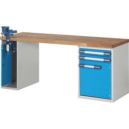 eurokraft pro Werkbank, Baukastensystem Serie 7000, 2 Schubladen, 1 T&uuml;r, 1 Schraubstock (Klapp-Lift) linksseitig, BxT 2000 x 700 mm