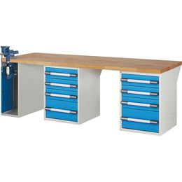 eurokraft pro Werkbank, Baukastensystem Serie 7000, 8 Schubladen, 1 Schraubstock (Klapp-Lift) linksseitig, BxT 2500 x 900 mm