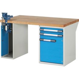 eurokraft pro Werkbank, Baukastensystem Serie 7000, 2 Schubladen, 1 T&uuml;r, 1 Schraubstock (Klapp-Lift) linksseitig, BxT 1500 x 900 mm
