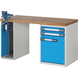 eurokraft pro Werkbank, Baukastensystem Serie 7000, 2 Schubladen, 1 T&uuml;r, 1 Schraubstock (Klapp-Lift) linksseitig, BxT 1500 x 700 mm