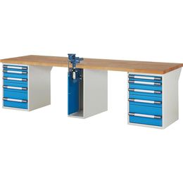 eurokraft pro Werkbank, Baukastensystem Serie 7000, 10 Schubladen, 1 Schraubstock (Klapp-Lift) mittig, BxT 3000 x 900 mm