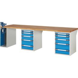 eurokraft pro Werkbank, Baukastensystem Serie 7000, 10 (2x5) Schubladen, 1 Schraubstock (Klapp-Lift) linkseitig, BxT 3000 x 900 mm