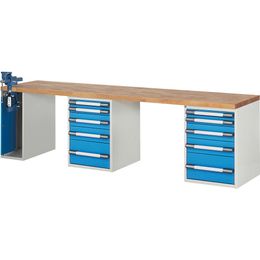eurokraft pro Werkbank, Baukastensystem Serie 7000, 10 (2x5) Schubladen, 1 Schraubstock (Klapp-Lift) linkseitig, BxT 3000 x 700 mm