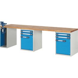 eurokraft pro Werkbank, Baukastensystem Serie 7000, 2 Standcontainer mit je 2 Schubladen + T&uuml;ren, 1 Schraubstock-Container (Klapp-Lift) linksseitig,