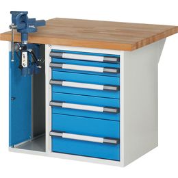 eurokraft pro Werkbank, Baukastensystem Serie 7000, 5 Schubladen, 1 Schraubstock (Klapp-Lift) linksseitig, BxT 1000 x 900 mm