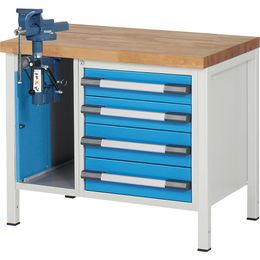 eurokraft pro Werkbank, Gestellbauweise Serie 8000, 4 Schubladen: 2 x 120, 2 x 150 mm, 1 Schraubstock (Klapp-Lift), BxT 1000 x 700 mm