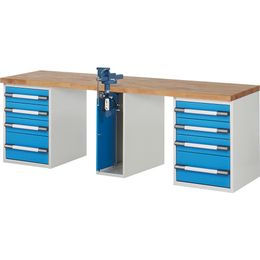 eurokraft pro Werkbank, Baukastensystem Serie 7000, 8 Schubladen, 1 Schraubstock (Klapp-Lift) mittig, BxT 2500 x 700 mm
