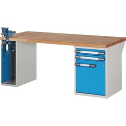 eurokraft pro Werkbank, Baukastensystem Serie 7000, 2 Schubladen, 1 T&uuml;r, 1 Schraubstock (Klapp-Lift) linksseitig, BxT 2000 x 900 mm