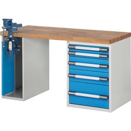 eurokraft pro Werkbank, Baukastensystem Serie 7000, 5 Schubladen, 1 Schraubstock (Klapp-Lift) linksseitig, BxT 1500 x 700 mm