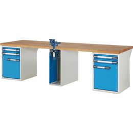 eurokraft pro Werkbank, Baukastensystem Serie 7000, 2 Standcontainer mit je 2 Schubladen + T&uuml;ren, 1 Schraubstock-Container (Klapp-Lift) mittig, BxT
