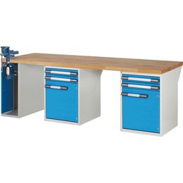 eurokraft pro Werkbank, Baukastensystem Serie 7000, 2 Standcontainer mit je 2 Schubladen + T&uuml;ren, 1 Schraubstock-Container (Klapp-Lift) linksseitig,