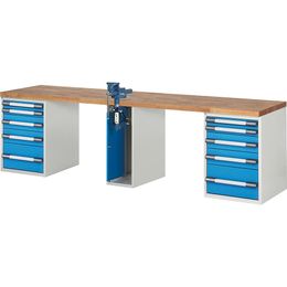 eurokraft pro Werkbank, Baukastensystem Serie 7000, 10 Schubladen, 1 Schraubstock (Klapp-Lift) mittig, BxT 3000 x 700 mm
