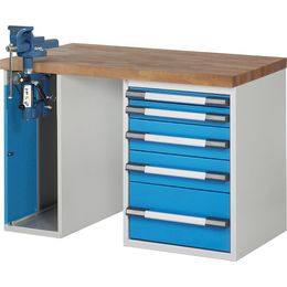 eurokraft pro Werkbank, Baukastensystem Serie 7000, 5 Schubladen, 1 Schraubstock (Klapp-Lift) linksseitig, BxT 1250 x 700 mm