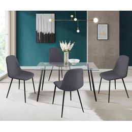 Essgruppe OTTO HOME "Danny-Miller", grau (anthrazit, anthrazit, schwarz), B:140cm H:76cm T:80cm, Glas, Metall, Stoff, Sitzm&ouml;bel-Sets, Essgruppe, Glastisch 140x80 cm mit 4 St&uuml;hlen (Cord), Gestell aus Metall