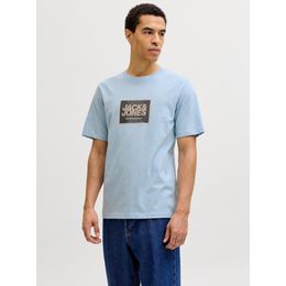 Jack & Jones Rundhalsshirt JACK & JONES "JJRAIN TEE SS CREW NECK", Jungen, Gr. L, celestial blau, Jersey, Obermaterial: 100% Baumwolle, bedruckt, regular fit h&uuml;ftbedeckend, Rundhals, Shirts Rundhalsshirt