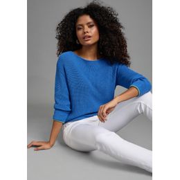 Strickpullover Laura Scott, Damen, Gr. 48/50, blau, gr&uuml;n, Strick, Obermaterial: 50% Baumwolle, 50% Polyacryl, unifarben, Basic, figurumspielend taillenbedeckt, U-Boot-Ausschnitt, Rippb&uuml;ndchen, Pullover Strickpullover, &Uuml;bergangsstrick mit Streifendetails und 3/4 &Auml;rmeln
