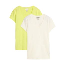 T-Shirt bonprix, Damen, Gr. 40/42 (M), zitrusgelb, cremewei&szlig;, Jersey, Obermaterial: 100% Baumwolle, loose fit h&uuml;ftbedeckend, V-Ausschnitt, Shirts T-Shirt, lockere Passform, Kurzarm, f&uuml;r Fr&uuml;hling und Sommer, Baumwolle