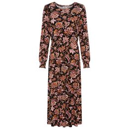 Maxikleid Tamaris "aus elastischer Viskosemischung, taillierte Passform", Damen, Gr. 34, N-Gr, bunt (rosa, braun gebl&uuml;mt), Jersey, Obermaterial: 95% Viskose, 5% Elasthan, gebl&uuml;mt, figurbetont lang, Rundhals, gesmokt, Kleider Maxikleid, mit stilvollem Muster, ideal f&uuml;r die &Uuml;bergangszeit