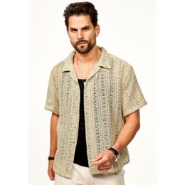 Kurzarmhemd Soulstar "Freizeithemd als Kurzam Strick Hemd im Retro-Look - Strick Polo-Hemd Overshirt im Regular-Fit f&uuml;r Herren", Herren, Gr. L, US, beige (stone), Obermaterial: 100% Baumwolle CO., gerader Abschluss, Hemden, Strick Polo-Hemd T-Shirt im Regular-Fit