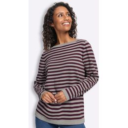 Strickpullover Heine "Ringel-Pullover", Damen, Gr. 34, steingrau, burgund, geringelt, 100% Baumwolle, gemustert, gestreift, Pullover Strickpullover