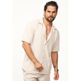 Kurzarmhemd Carisma "im Summer-Look mit Strukturmuster Regular-Fit", Herren, Gr. M, US, beige, Obermaterial: 95% Polyester PES. 5% Elasthan EL., Hemden, Herren Kurzarm Strick Polo-Hemd T-Shirt