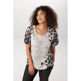 T-Shirt ANISTON PLUS, Damen, Gr. 44, natur, bedruckt, Web, Obermaterial: 100% Polyester, gemustert, figurumspielend h&uuml;ftbedeckend, Rundhals, Shirts T-Shirt, in Leinenoptik - NEUE KOLLEKTION