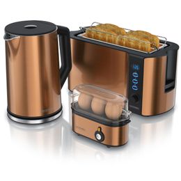 arendo 3-teiliges Fr&uuml;hst&uuml;cks-Set, 4 Scheiben Langschlitztoaster, Wasserkocher 1,5l, 3er Eierkocher, Kupfer