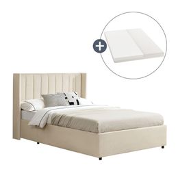 Juskys Polsterbett Savona 140x200 cm mit Stauraum, H3 Matratze, Samt-Bezug, bis 250kg - Beige